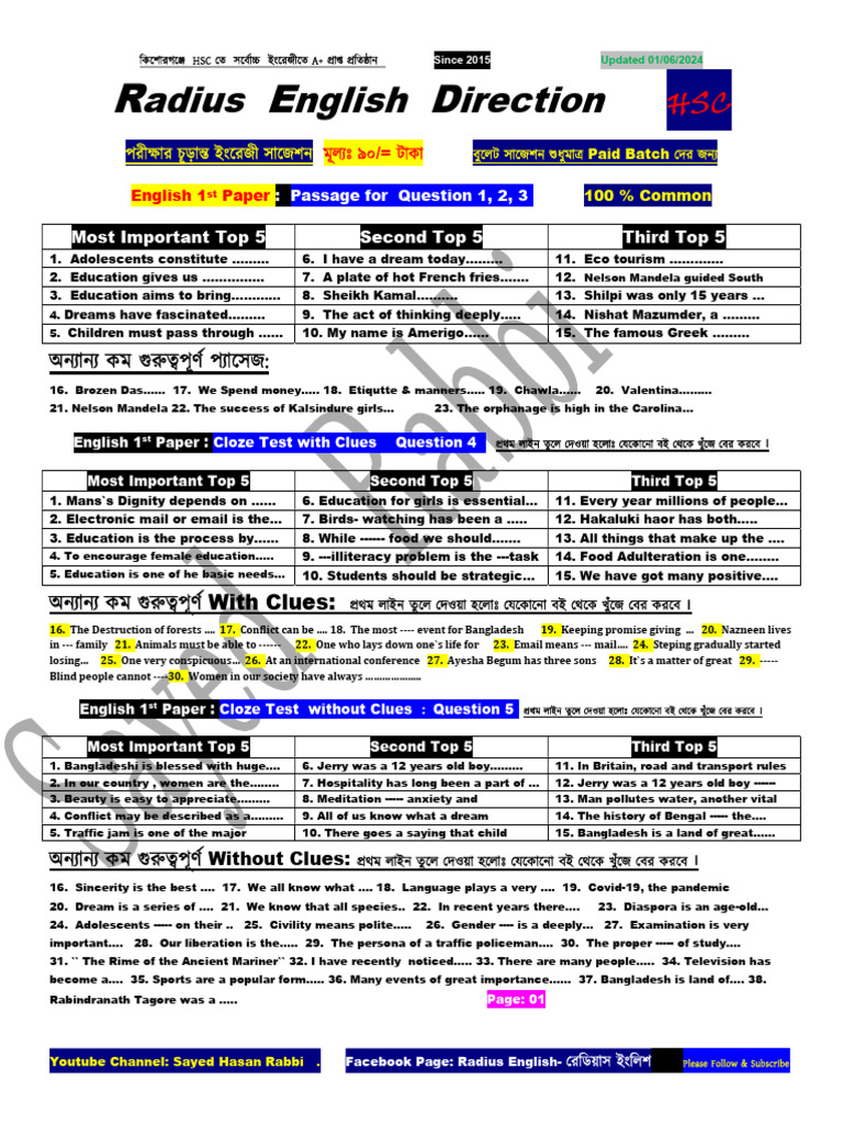 HSC Final Short Suggestion ALL TIME - Radius English Direction - Rabbi ...