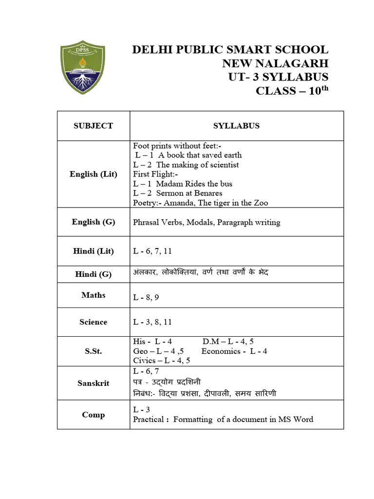 Class 10 Syllabus - Delhi Public Smart School | PDF