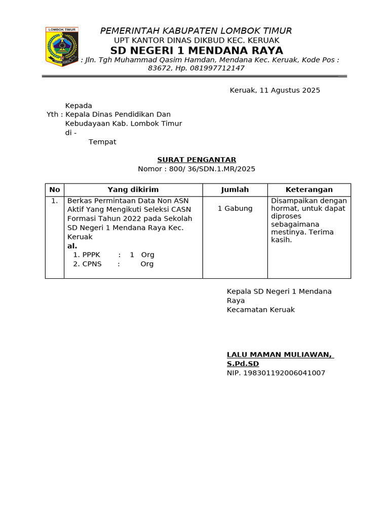 Surat Pengantar Berkas Tenaga Non Asn | PDF