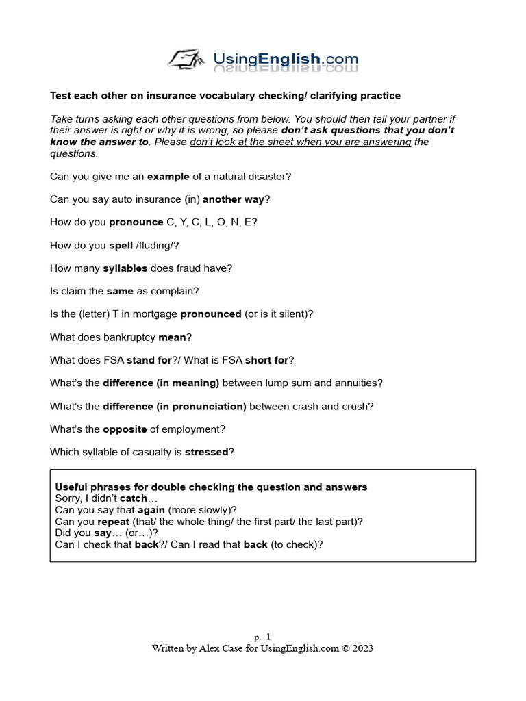 Test Each Other On Insurance Vocabulary Checking Clarifying Practice ...