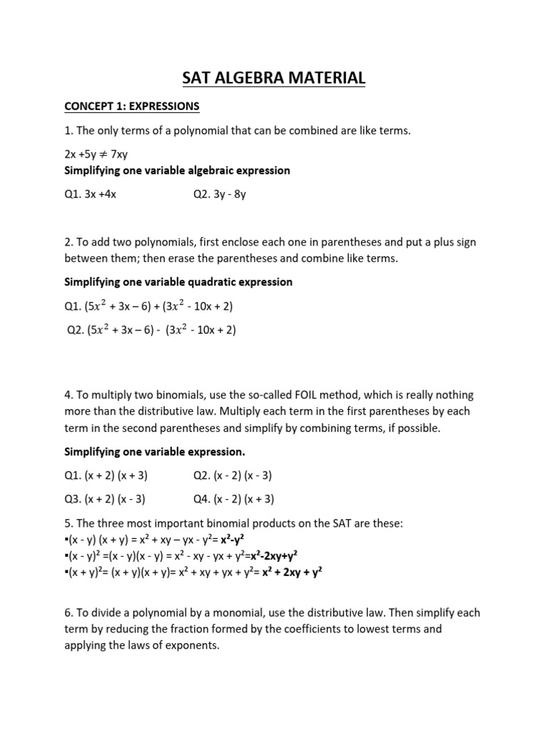 SAT Algebra Concepts and Practice | PDF | Quadratic Equation | Equations