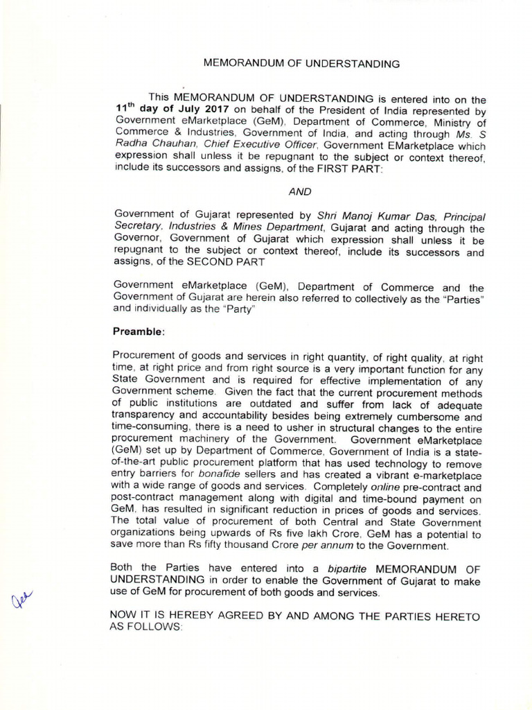 MOU Gem GJ GOI 1 | PDF | Procurement | Banks
