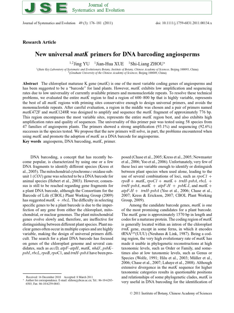 J of Sytematics Evolution - 2011 - YU - New Universal MatK Primers For ...