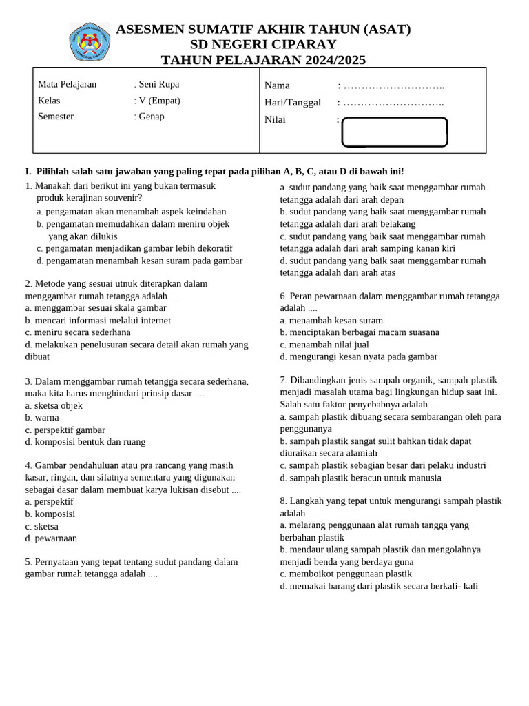 Soal SAS 1 Seni Rupa Kelas 4 (Websiteedukasi.com) | PDF