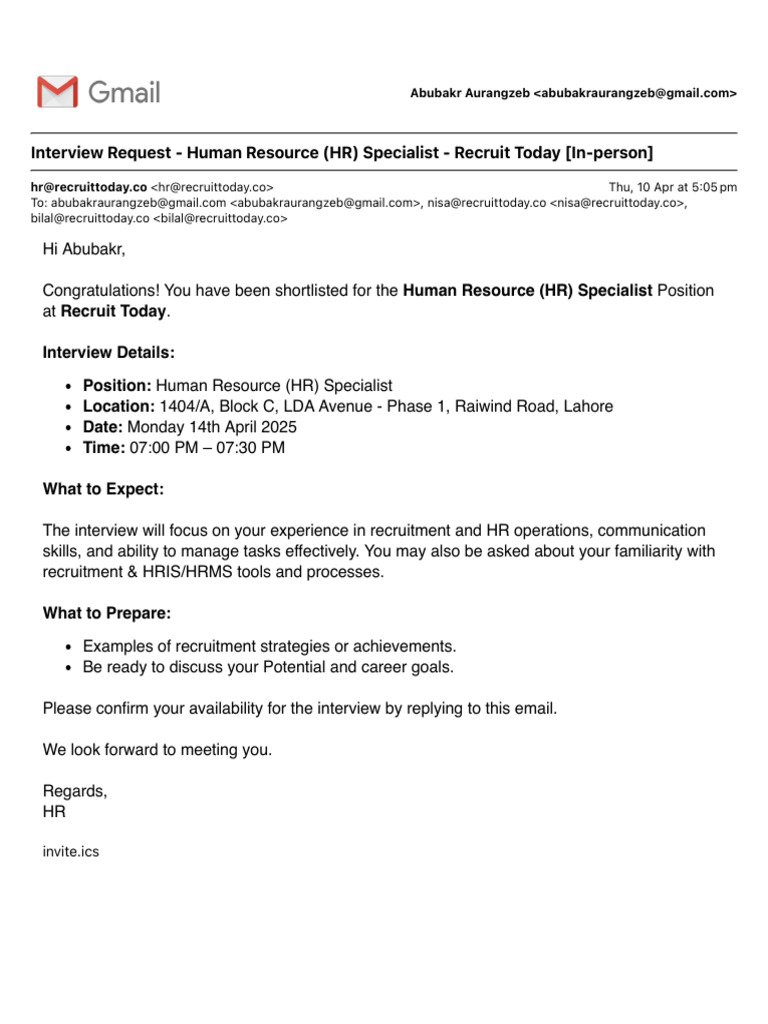 Interview Request - Human Resource (HR) Specialist - Recruit Today (In ...