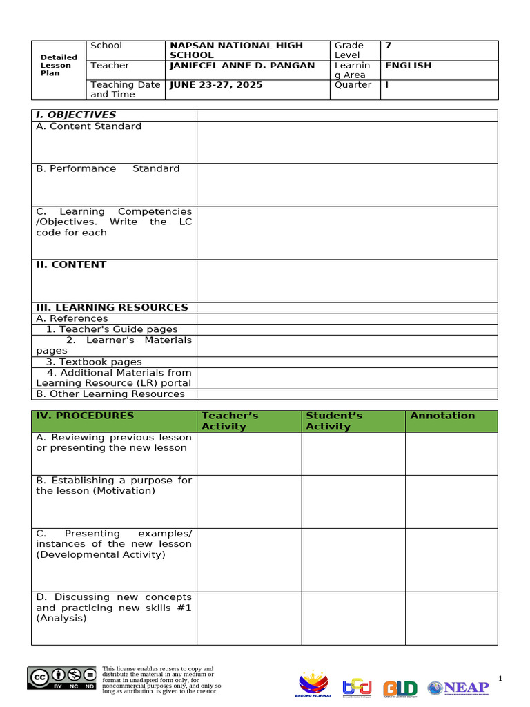 DLP Worksheet English | PDF