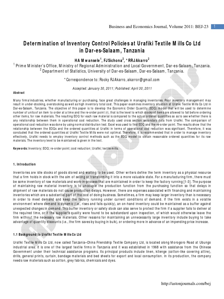 Inventory Control at Urafiki Textile Mills | PDF | Technology & Engineering