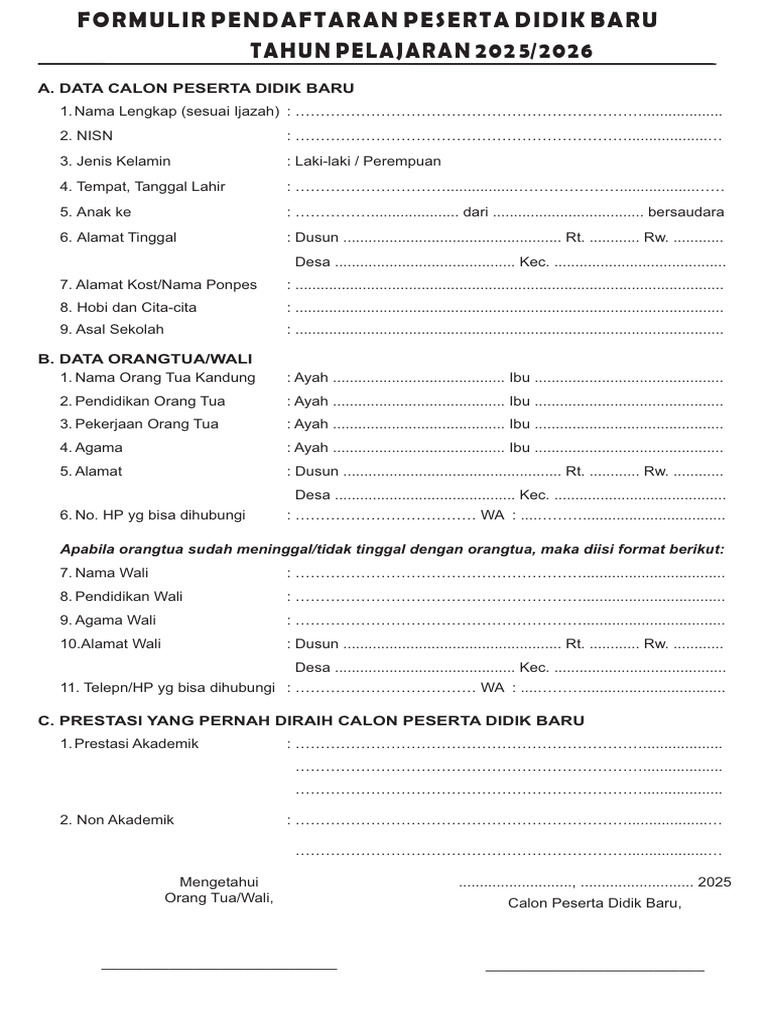 Formulir Pendaftaran Siswa Baru 2025/2026 | PDF