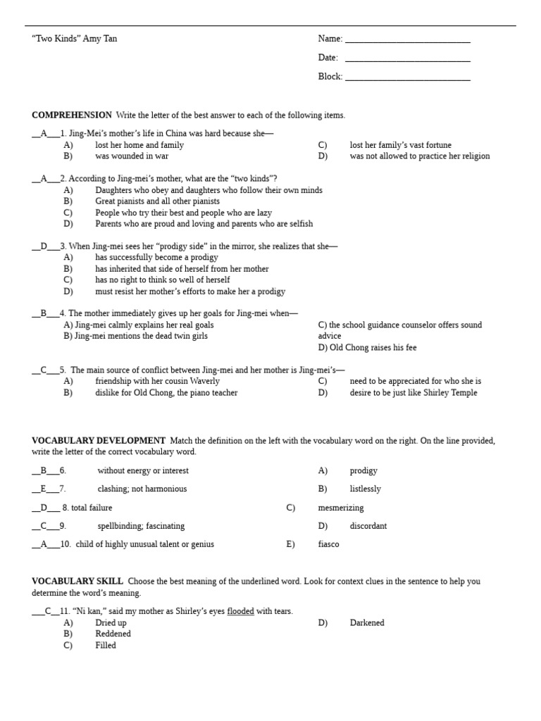 Two Kinds Comprehension Questions 1 | PDF