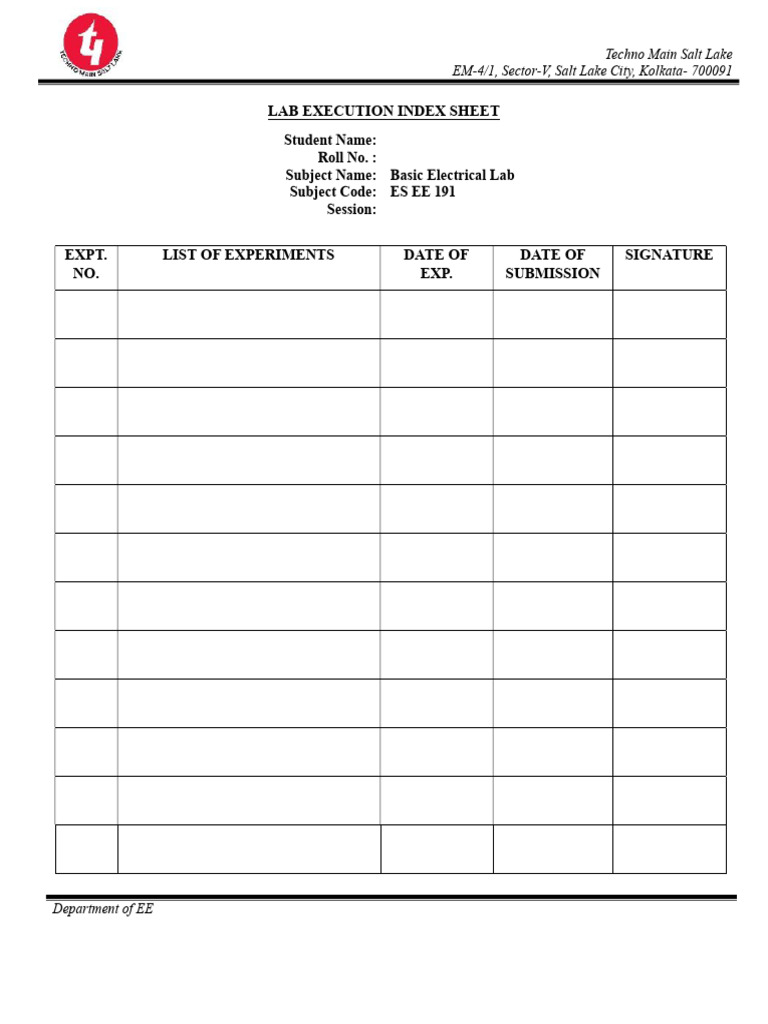 Lab Index Sheet | PDF