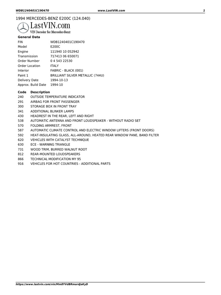 1994 MERCEDES-BENZ E200C (124.040) : General Data | PDF