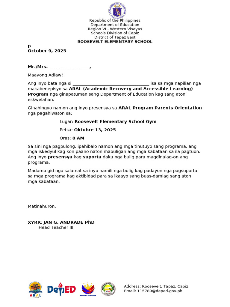 ARAL Program Orientation Invitation | PDF
