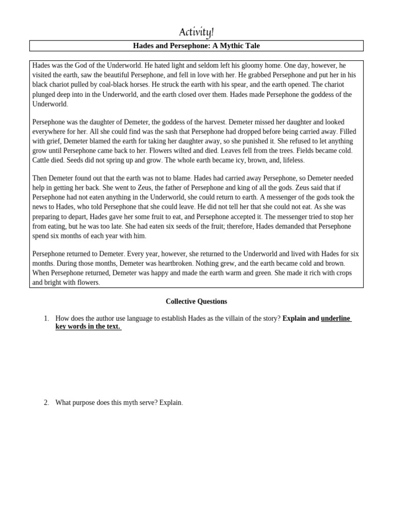 The GREEKS 01 GodsGoddesses HANDOUT 01 Hades and Persephone | PDF