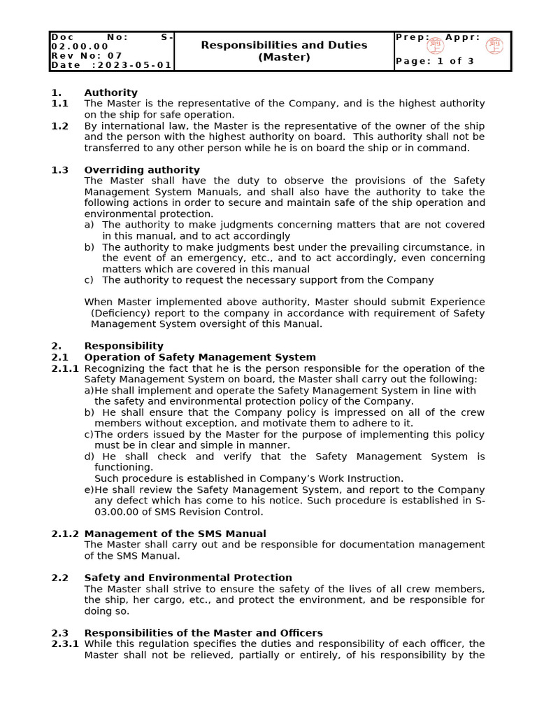 Master Responsibilities and Duties Guide | PDF | Environmental ...