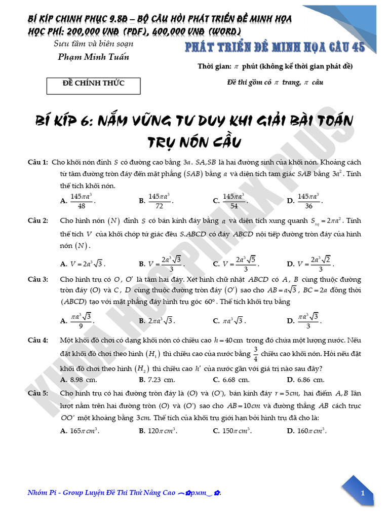 Bí Kíp 6 Nắm Vững Tư Duy Khi Giải Bài Toán Trụ Nón Cầu | PDF