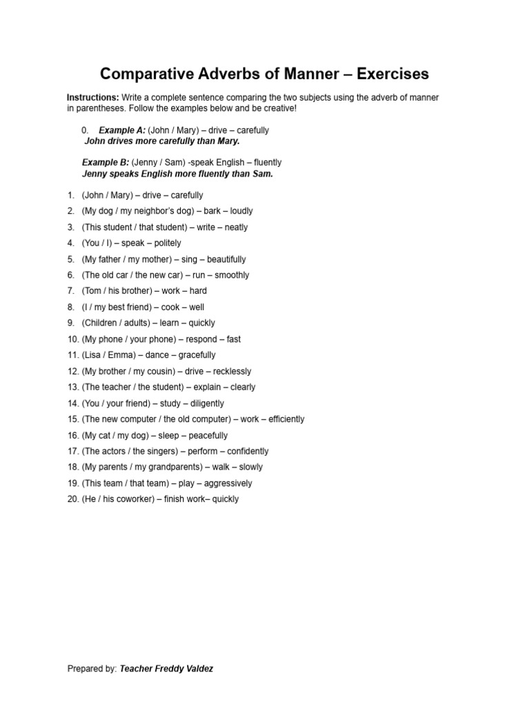 Comparative Adverbs of Manner Exercises | PDF