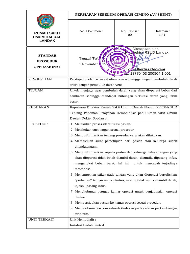 Spo Persiapan Sebelum Operasi Cimino (Av Shunt) | PDF