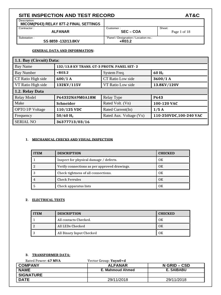 MICOM P643 Relay Inspection Report | PDF | Alternating Current | Relay