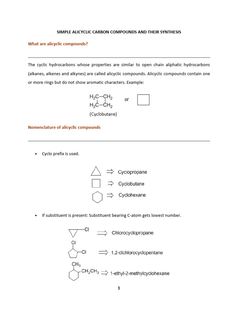 Simple Alicyclic Carbon Compounds and Their Synthesis | PDF | Chemistry ...