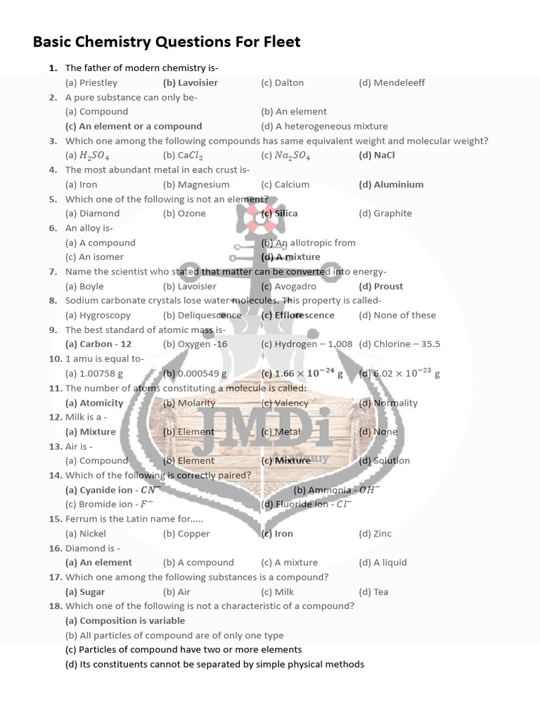Basic Chemistry Questions for FLEET (2) | PDF | Atoms | Proton