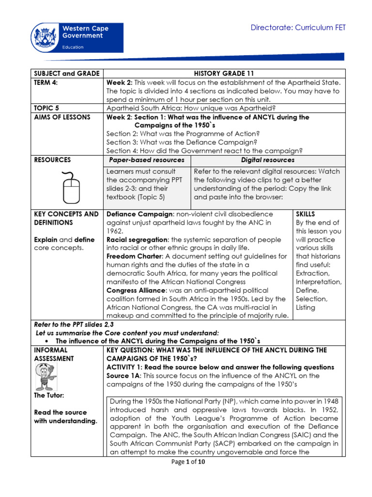History Grade 11 Term 4 Week 2 | PDF | African National Congress ...