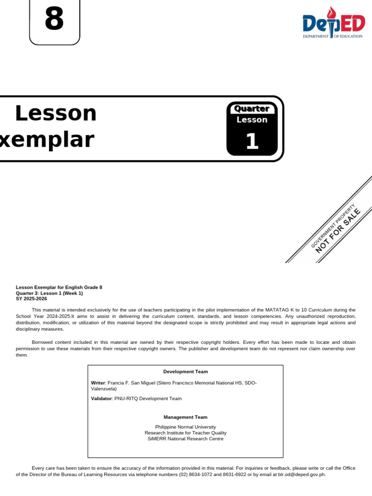 Grade 8 English Lesson Exemplar: Quarter 3 | PDF | Argument | Rhetoric