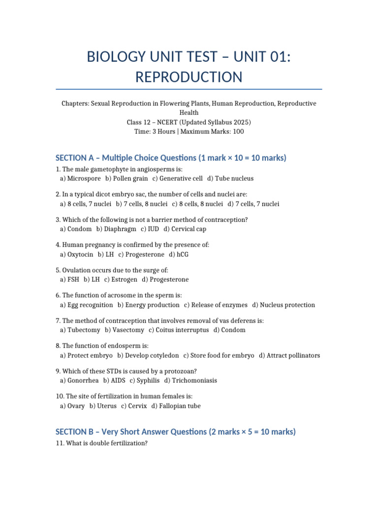Class 12 Biology Reproduction Test | PDF | Menstrual Cycle | Fertilisation