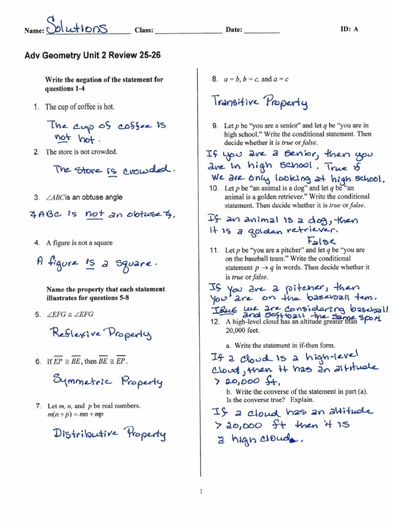 Adv Geometry Unit 2 Review Solutions | PDF
