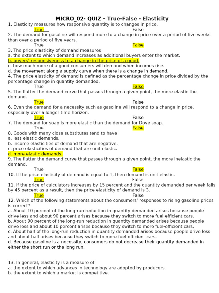 Elasticity Quiz: True-False Questions | PDF | Elasticity (Economics ...