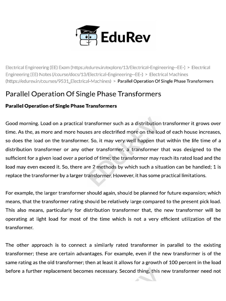 Parallel Operation of Single Phase Transformers | PDF