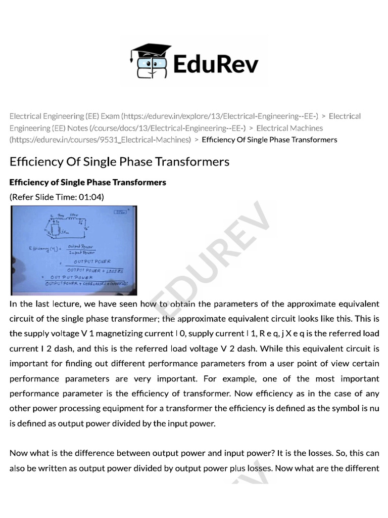 Efficiency of Single Phase Transformers | PDF