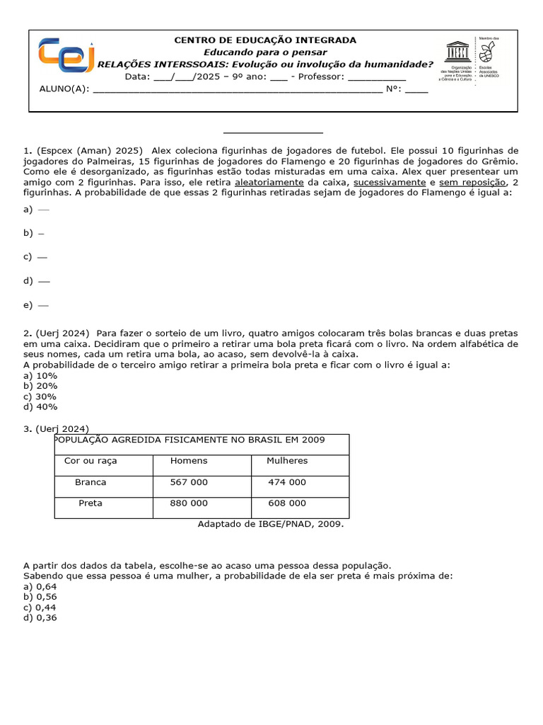Lista PROB. 9º ano. (1) | PDF
