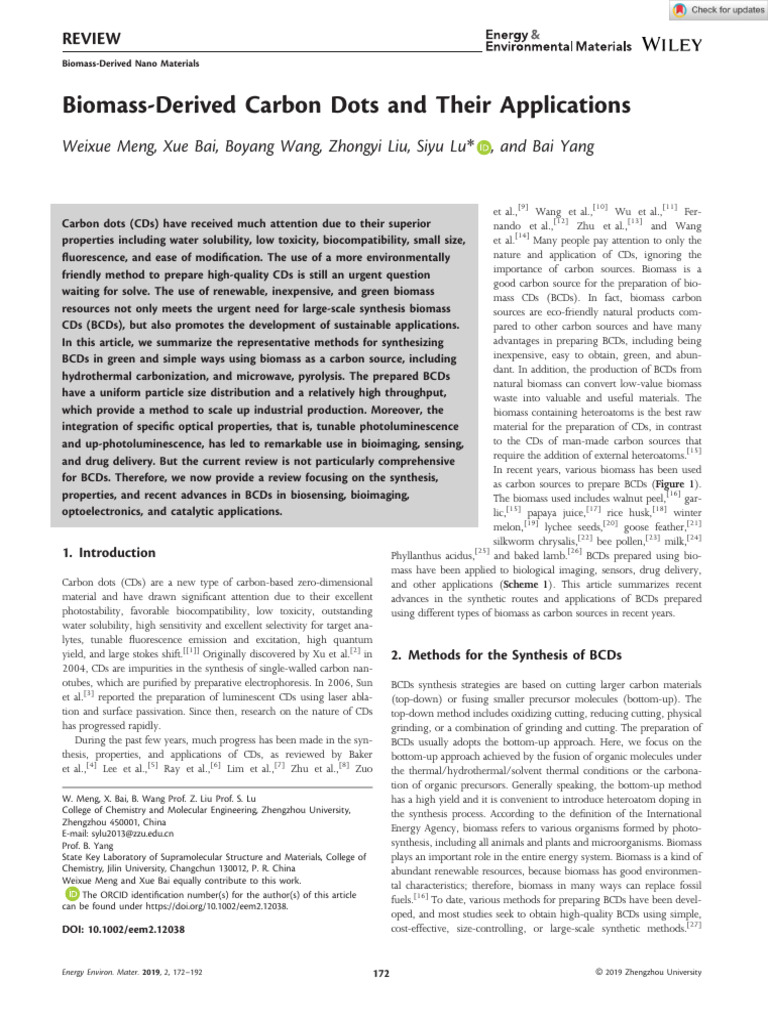 Energy Environ Materials - 2019 - Meng - Biomass‐Derived Carbon Dots and Their Applications ...