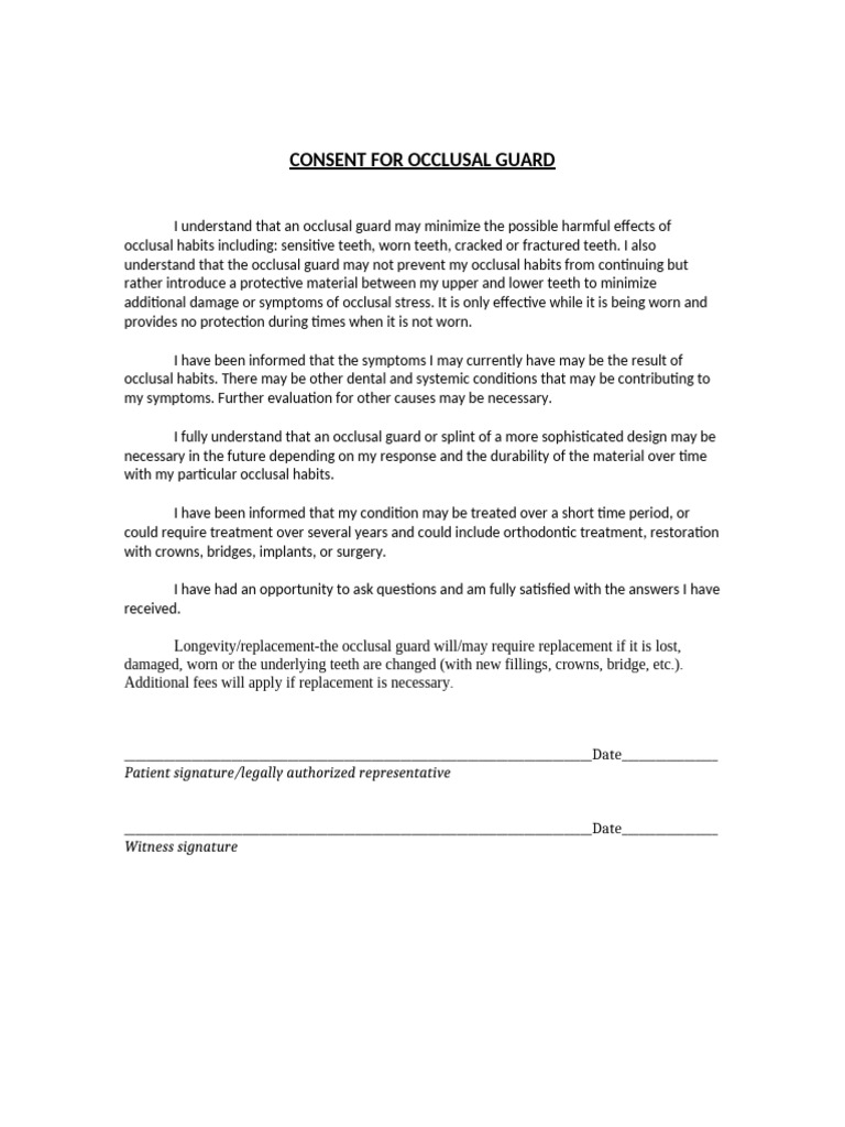 Consent For Occlusal Guard | PDF
