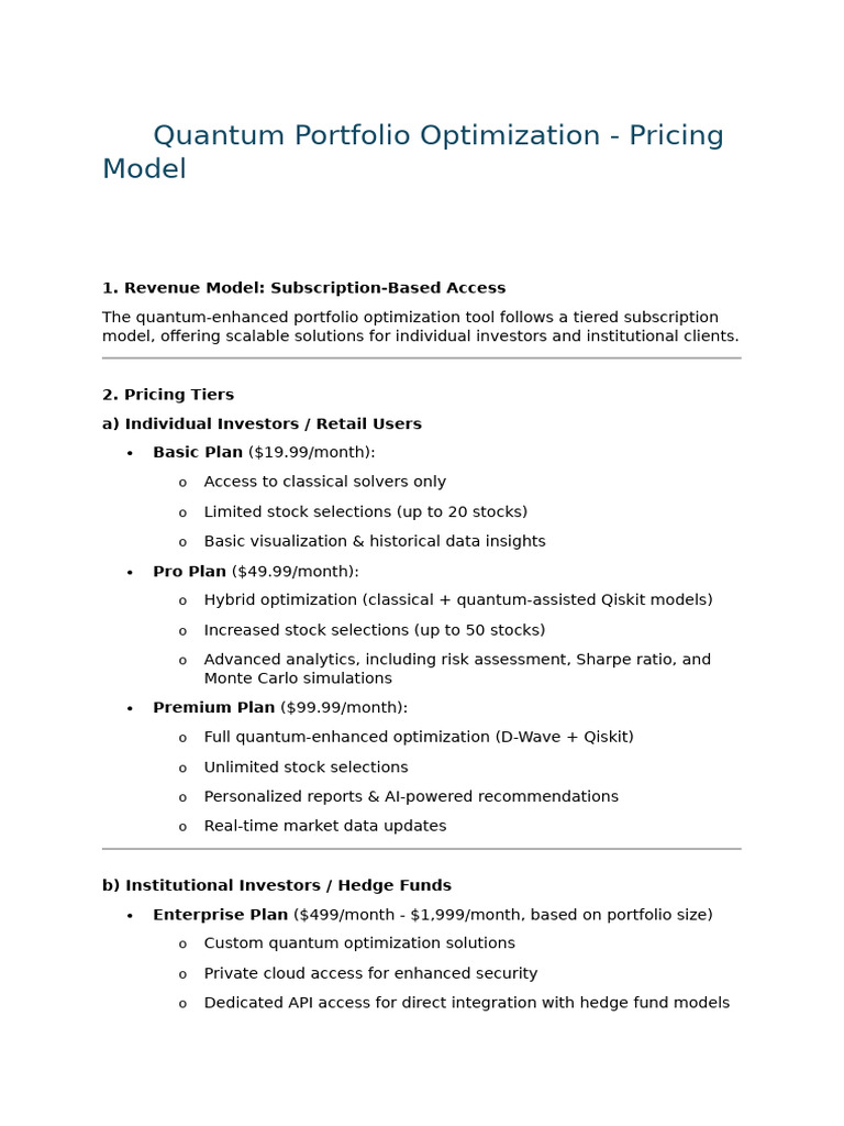 Quantum Portfolio Optimization Pricing Plans | PDF | Cloud Computing ...