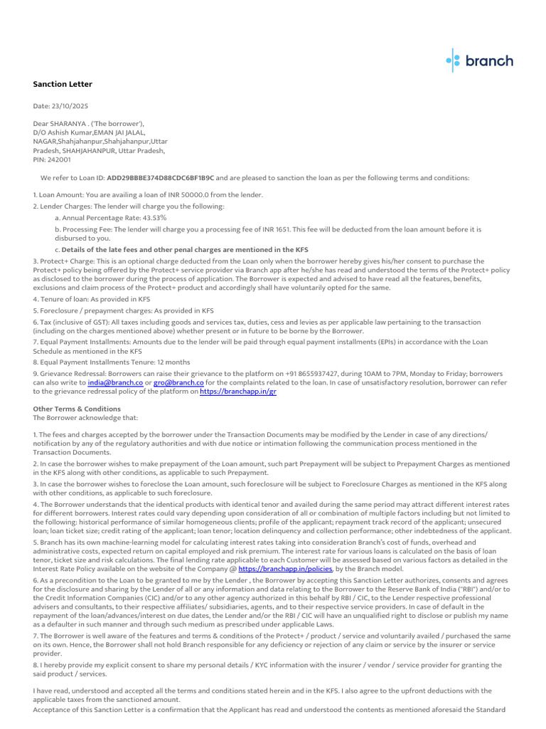 Sanction Letter | PDF | Loans | Interest