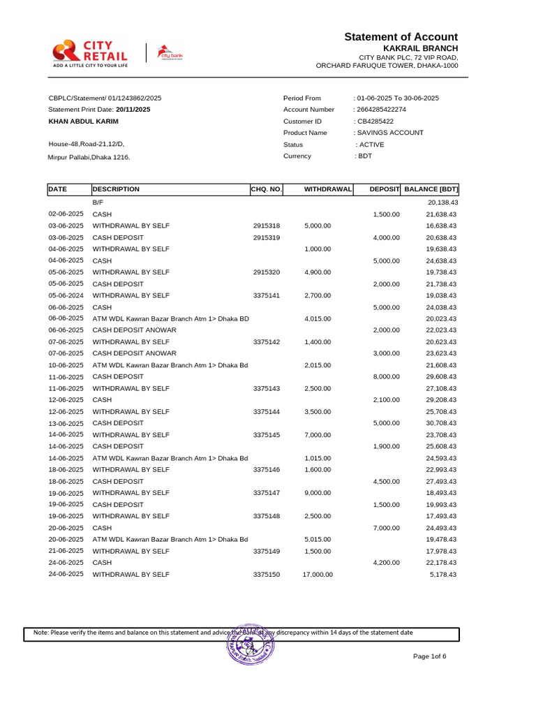 City Bank Savings Account Statement | PDF | Banks | Banking Technology