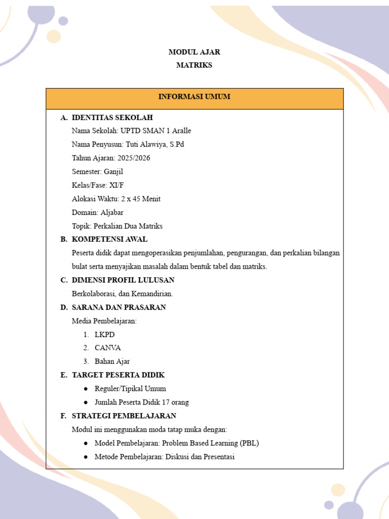 Modul Ajar Matriks Wiyaa | PDF