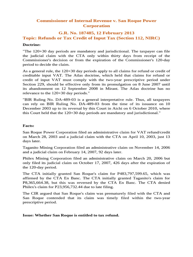 Tax Refund Denial: San Roque Case Summary | PDF | Value Added Tax ...