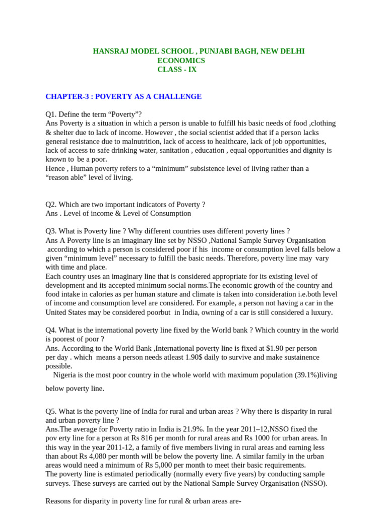 Eco , Class 9 , Chap-3 q Ans | PDF | Cost Of Living | Poverty