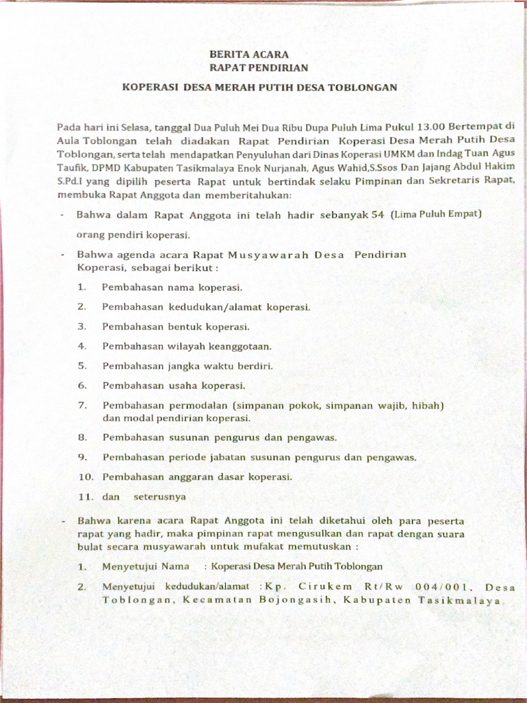 Berita Acara Kmp Desa Toblongan | PDF