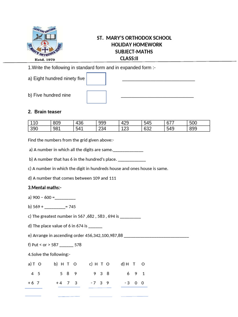 Holiday Homework ( Maths) | PDF