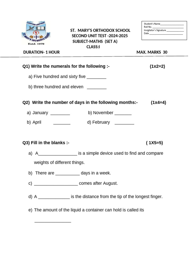 Maths Test Paper (Set A) 2024-25 | PDF