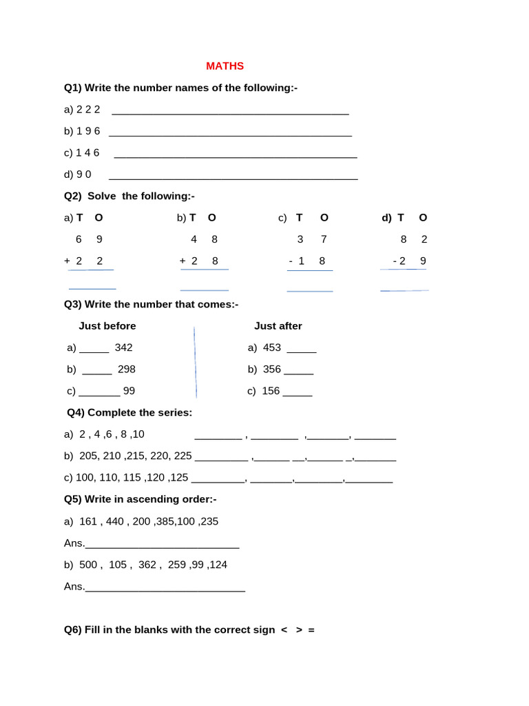 Revision Worksheet ( Class 1) | PDF
