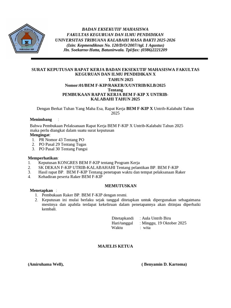 Surat Keputusan Raker Bem Fkip | PDF
