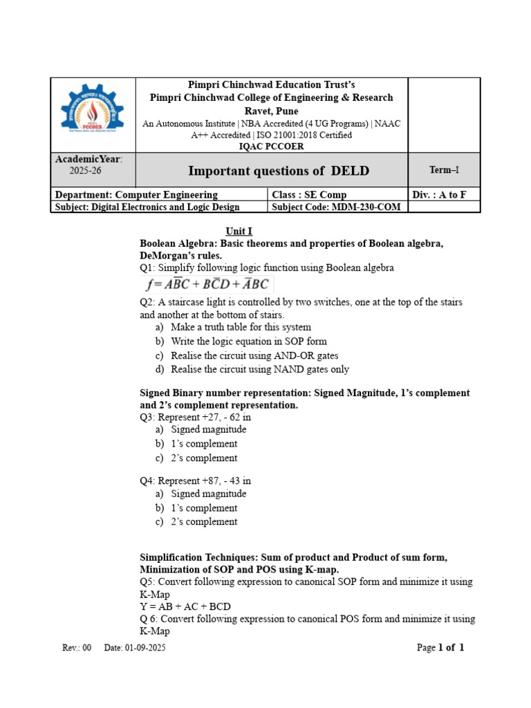 Important Questions For Deld Pdf Electronic Circuits Digital