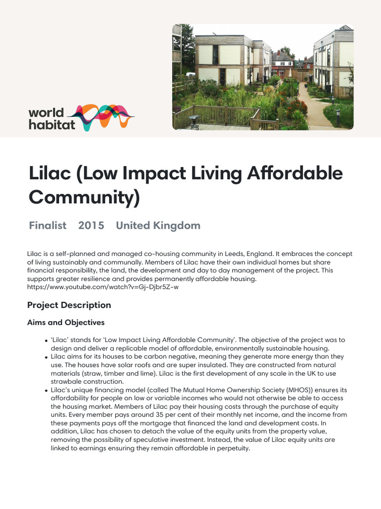 Lilac Low Impact Living Affordable Community Case Study | PDF | Debt ...