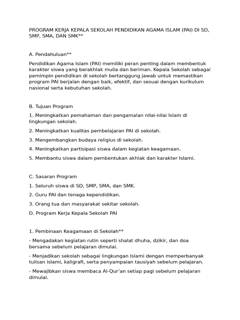 Program Kerja PAI di Sekolah Islam | PDF