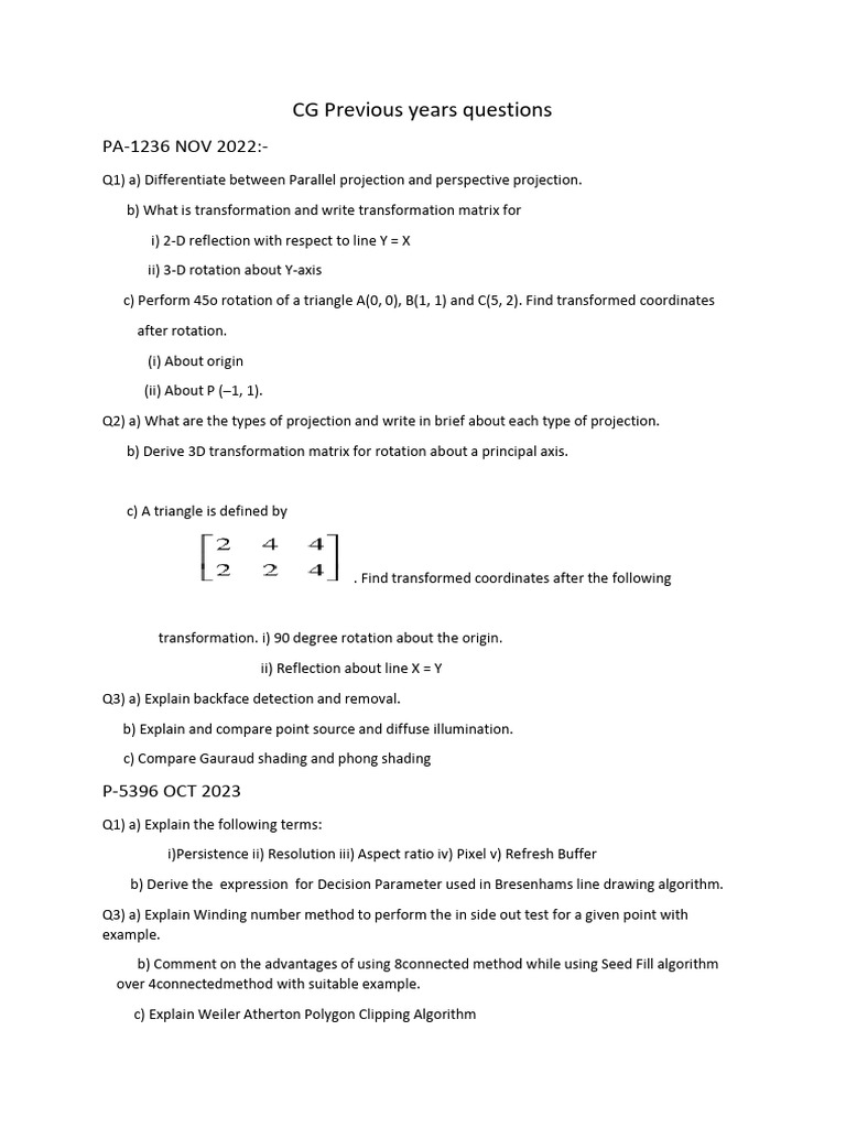CG Previous Year Questions | PDF | Cartesian Coordinate System | Geometry