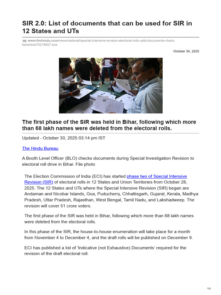 SIR 2.0: Valid Documents for Voter Revision | PDF | Government ...